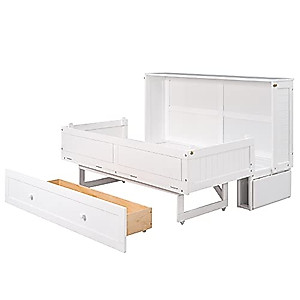 Flieks Queen Size Mobile Murphy Bed, Queen Platform Bed with Drawer and Little Shelves on Each Side, White