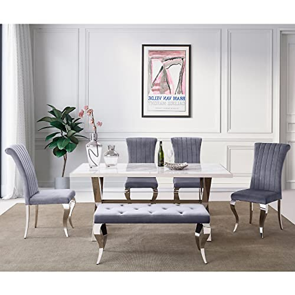 AZhome Dining Chairs Set of 6, Dining Room Chairs in Grey Velvet and Silver Cabriole Stainless Steel Legs