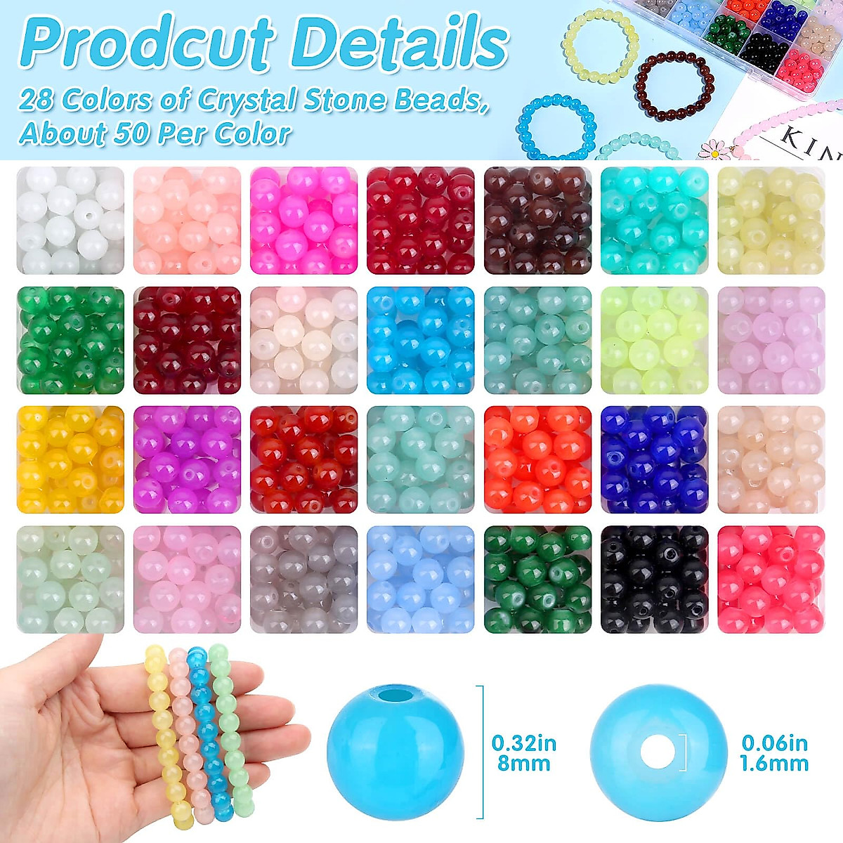 shynek 1400 Piecess 8mm Round Glass Beads for Jewelry Making, 28 Colors Crystal Beads for Bracelets Jewelry Making and DIY Crafts
