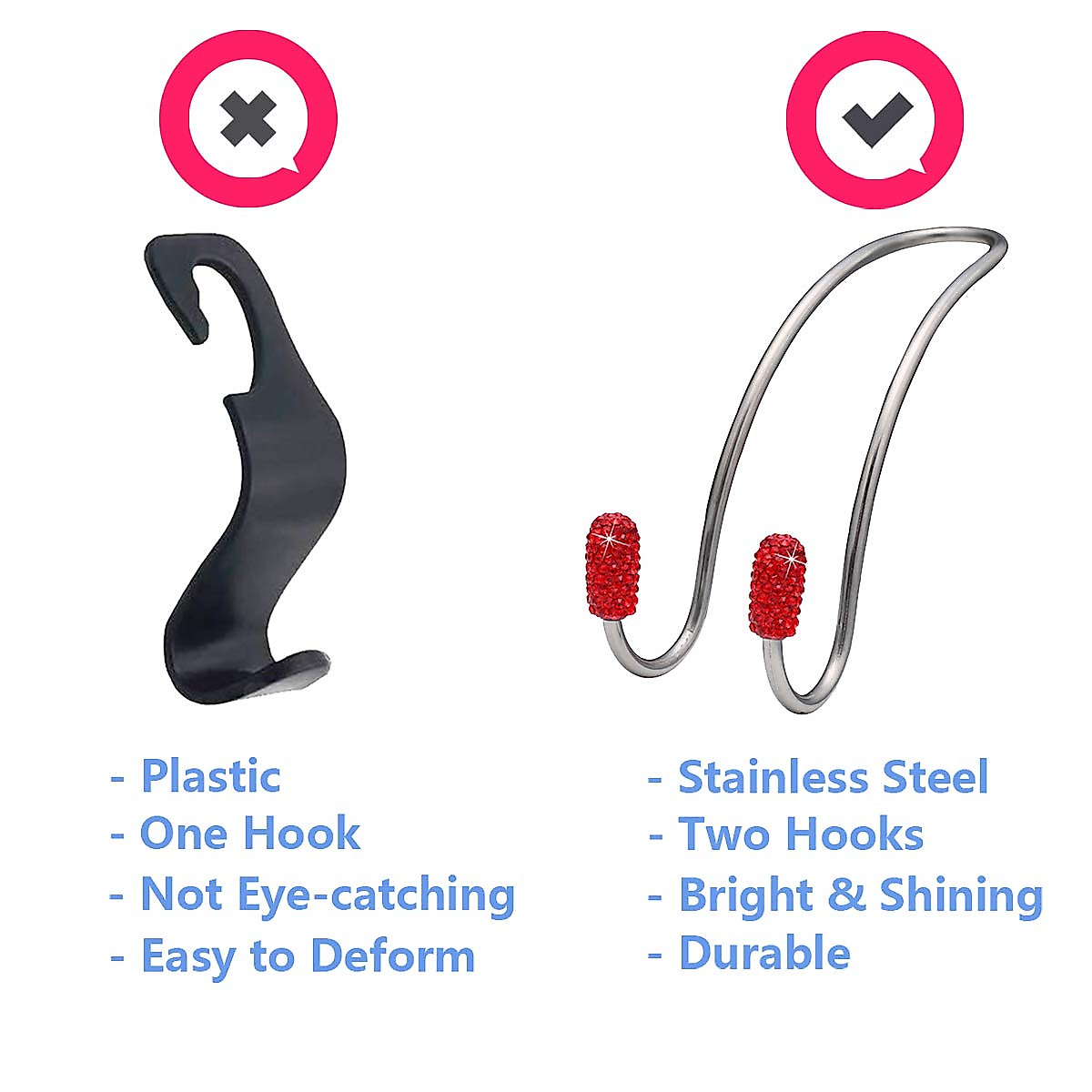 Bling Car Seat Hooks, Rhinestone Universal Organizer Hooks Car Headrest Hangers Hooks, Bag Organizers Rack and Hanger, Strong and Durable Auto Backseat Storage Hooks (B-Red)