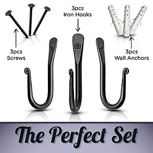 Stur-De Decorative Hooks for Wall - Wall Hooks for Hanging Coats, Hats, & Bags, Versatile Towel Hooks for Bathrooms or Kitchen - Wrought Iron Hanging Hooks - Pack of 3, Black - 2 x 0.35 x 3.75 Inches
