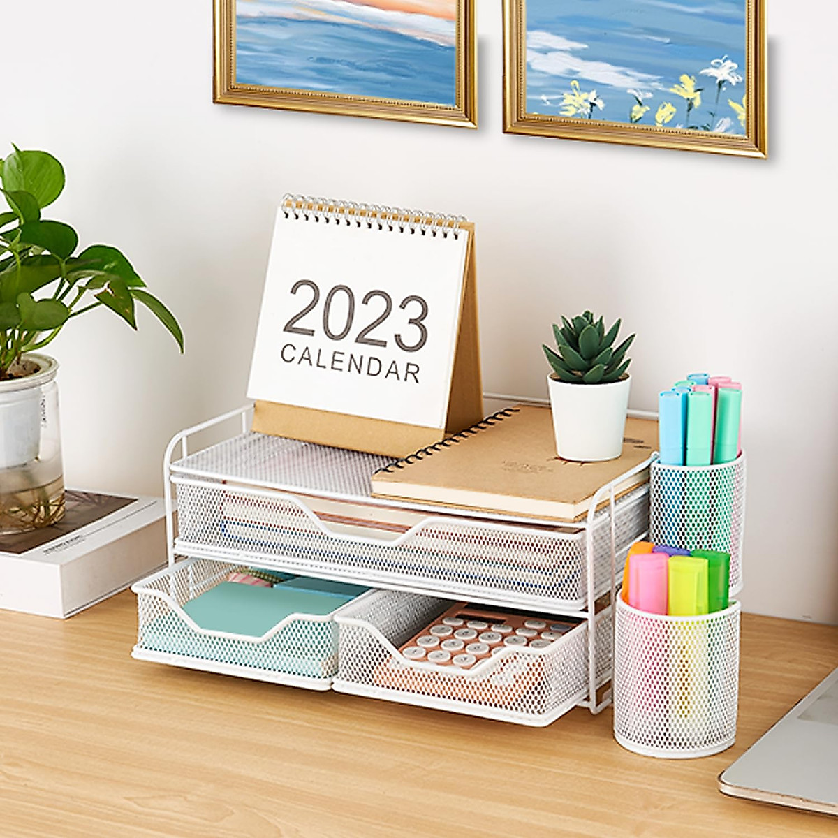 gianotter 3 Tier Desk Drawer Organizer, Office Desk Organizers and Accessories with 2 Pen Holder, Desk Accessories & Workspace Organizers for Home Office Supplies (White), G-3D