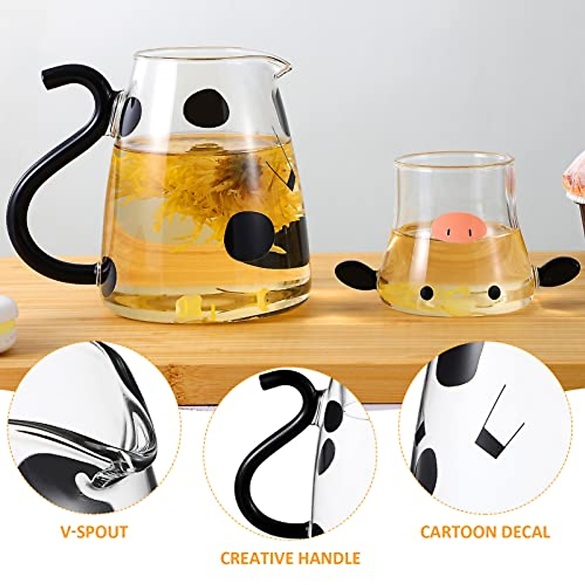 Cabilock Bedside Carafe Glass Water Pitcher Cute Cow Water Carafe with Glass Cup for Nightstand 550ml Glass Pitcher with Lid for Juice Tea Milk