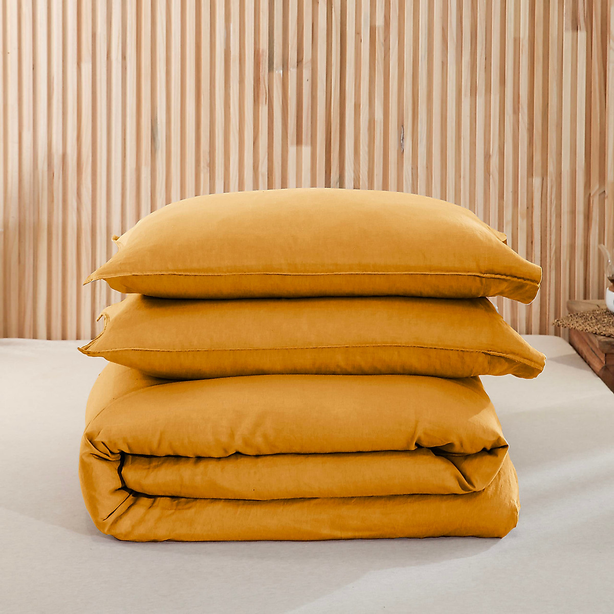 L Linen World Linen Duvet Cover Set 100% Stone Washed French Flax Pure Linen Duvet Covers Cooling Duvet Cover Queen Size Linen Bedding Set 1 Linen Duvet Cover 2 Pillowcases (Yellow,Queen)
