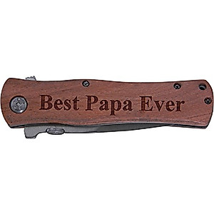 Best Papa Ever Folding Stainless Steel Pocket Knife, (Wood Handle