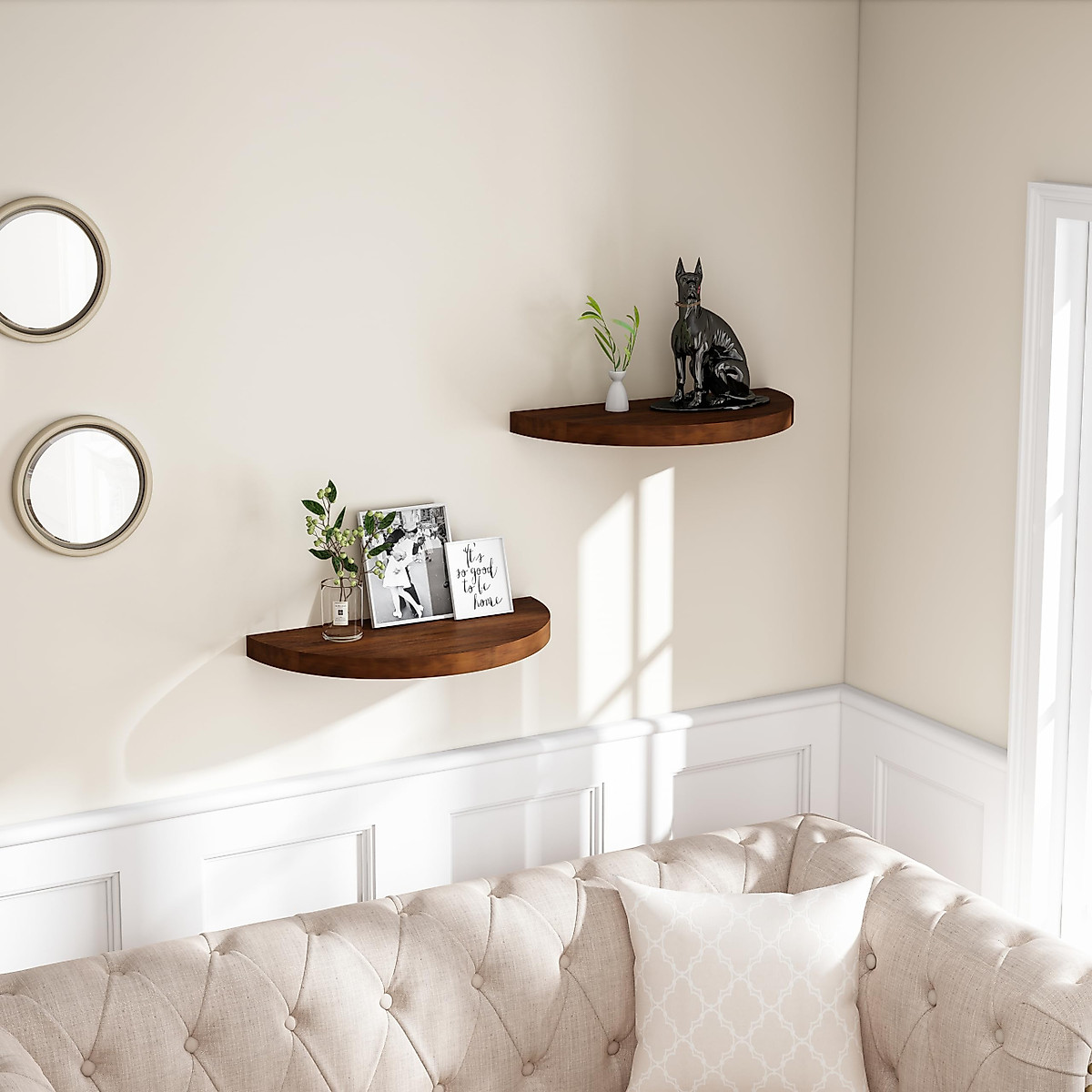 Small Floating Shelves for Wall Set of 2, Rustic Solid Pine Half Round Wood Walll Mounted Shelves for Bedroom Living Room Bathroom Kitchen Office and Plants Wall Decor (2, Brown)