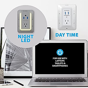 Bell+Howell Wall Power 7908 Surge Protector with Night Light (Automatic) and Device Holder, 5 Outlets 2 USB Ports Electrical Extender, White, 5.5" As Seen On TV