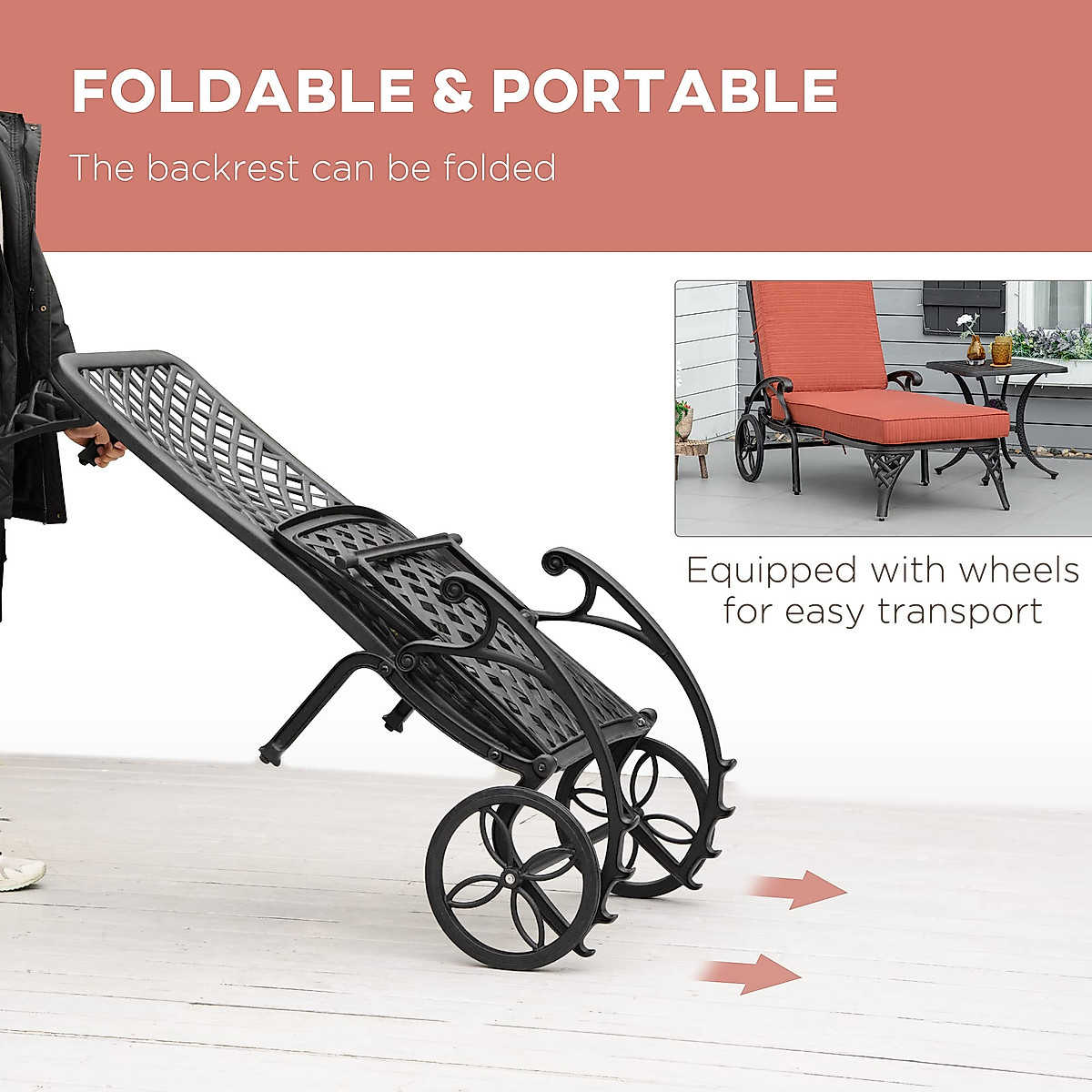 Outsunny Aluminum Adjustable Chaise Lounge Chair, Folding 4-Position Patio Recliner, Wheels, Armrests, Side Table, Cushion for Poolside, Backyard, Deck, Porch Garden, Red