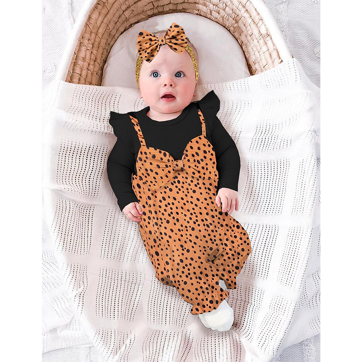 Queenstyle Baby Girl Clothes 3-6 Months Onesie Baby Girl Outfits Long Sleeve Ruffle Romper Cute Infant Girl Clothes Polka Dot Jumpsuit Fall Winter Baby Clothes for Girls