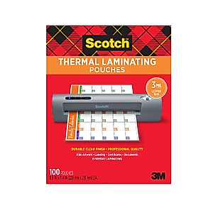Scotch Thermal Laminating Pouches, 100 Pack Laminating Sheets, 3 Mil, 8.9 x 11.4 Inches, Education Supplies & Craft Supplies, For Use With Thermal Laminators, Letter Size Sheets (TP3854-100)