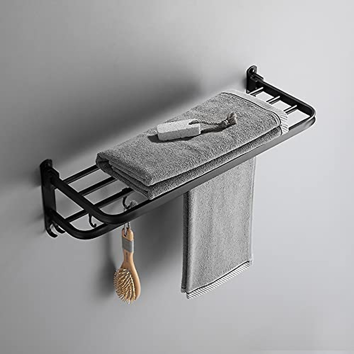 WKZZTCGD Black Bathroom Towel Rack,Stainless Steel Towel Holder with Hooks,Wall Mounted Foldable Double-Deck Shelf Bars