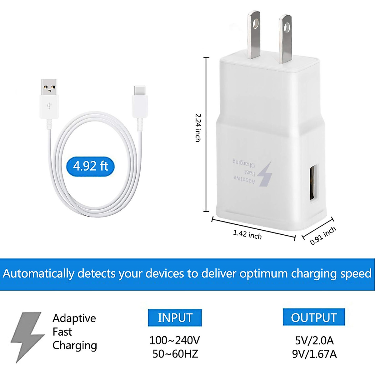 Adaptive Fast Charger Kit with USB Type C Cable【5 ft】 Fast Charging Wall Charger Block Compatible with Samsung Galaxy S21/S21 Ultra/S20/S20+/S10/S10e/S9/S8/S8Plus/Edge/Active/Note 8/9/10/20 (2 Pack)