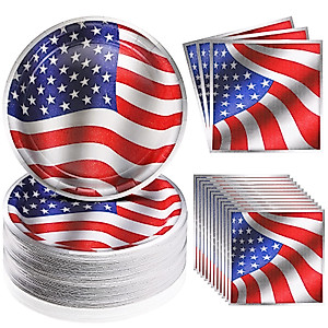 Mumufy 100 Pcs American Flag Patriotic Plates and Napkins 4th of July Party Supplies July 4th Disposable Paper Plates Napkins for Veterans Day Independence Day Decoration, Serves 50(Vivid)