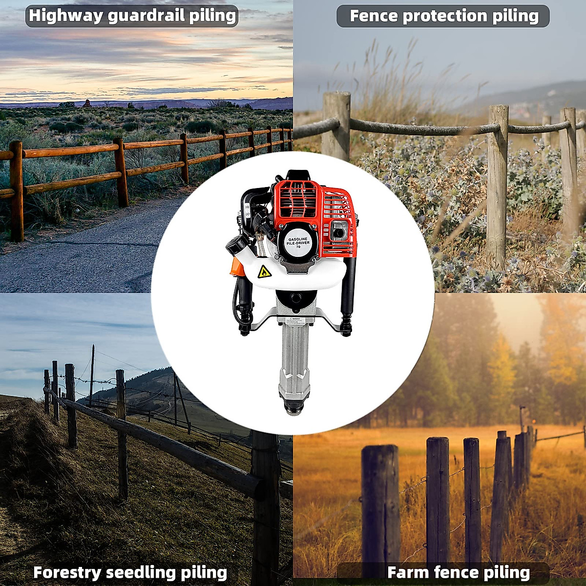 Pile Driver Hammer - JACKCHEN 2 Stroke 52CC Gas Powered T Post Driver Hammer Drills, Air Cooling Single Cylinder Gasoline Petrol Garden Fencing Tool Machine with 2 Post Driving Head