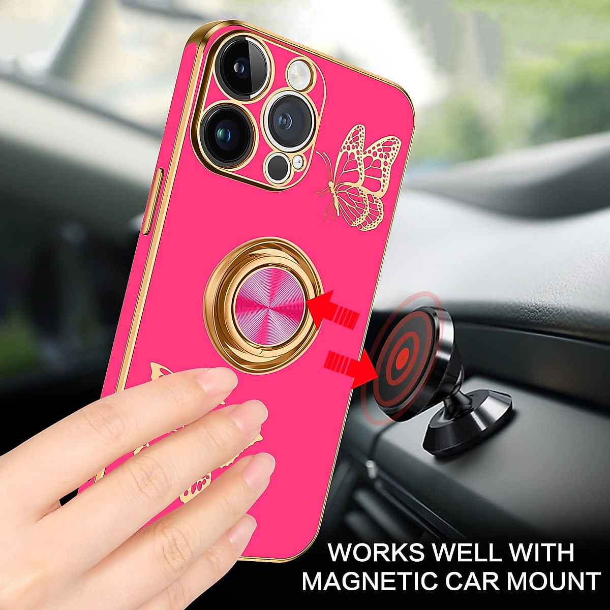BENTOBEN for iPhone 13 Pro Max Case, Phone Case iPhone 13 Pro Max, Cute Butterfly Plating 360° Ring Holder Kickstand Magnetic Car Mount Supported Soft Bumper Women Men Drop Protective Cover, Hot Pink
