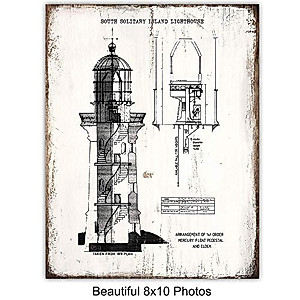 Historic Lighthouse Patent Print Wall Art - 8x10 Vintage Photograph Set for Beach Home, Living Room, Bedroom Decor - Unique Gift for Ocean, Sea Nautical Fans - Rustic Retro Shabby Chic Poster Photo