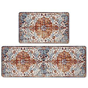 chiinvent Boho Kitchen Rugs Set of 2 Anti-Fatigue 0.4 Inch Thick Farmhouse Vintage Bohemian Kitchen Floor Mats Non Slip Waterproof Comfort PVC Mat Decor for Sink Laundry 17.3 x 28+17.3 x 47 Inch