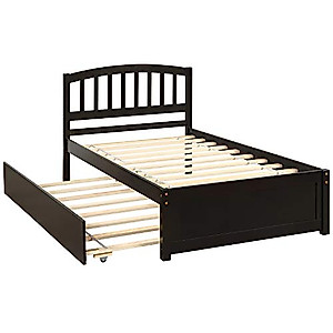 TARTOP Twin Size Platform Bed Wood Bed Frame with Trundle, Wood Bed Frame with Trundle and Slatted for Kids Teens Adults,No Box Spring Needed,Espresso
