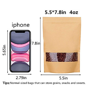 TYONMUJO 50pcs Kraft Paper Bags with Window Resealable Zip Lock Food Storage Bags Heat Sealable Stand Up Brown Paper Pouches for Cookies Coffee Tea 5.5×7.8in