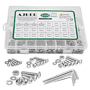 AJUER 1000pcs ISO7380 M2/M2.5/M3/M4 Button Head Socket Cap Screws, Bolts Nuts Washers Assortment Kit, 304 Stainless Steel Metric Screw Set, Small Bolts and Nuts Kit,