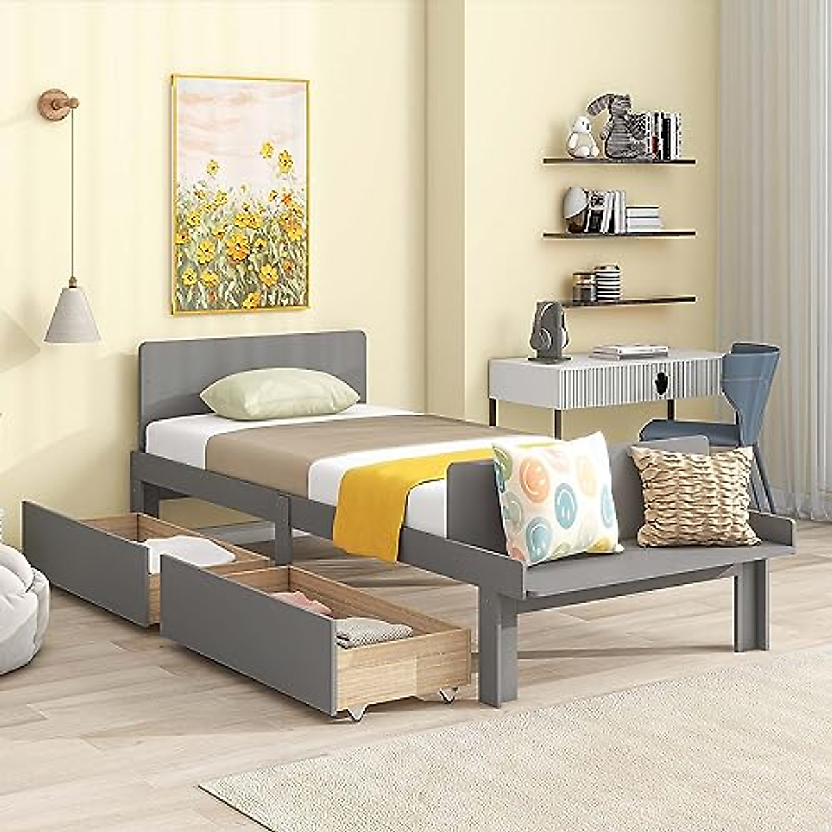 Novaris Twin Size Pine Platform Bed Frame with 2 Drawers, Modern Classic Platform Bed with Headboard/Storage Footboard Bench/Wood Slats/Easy Assemble for Bedroom Girls Boys (Twin, Gray)