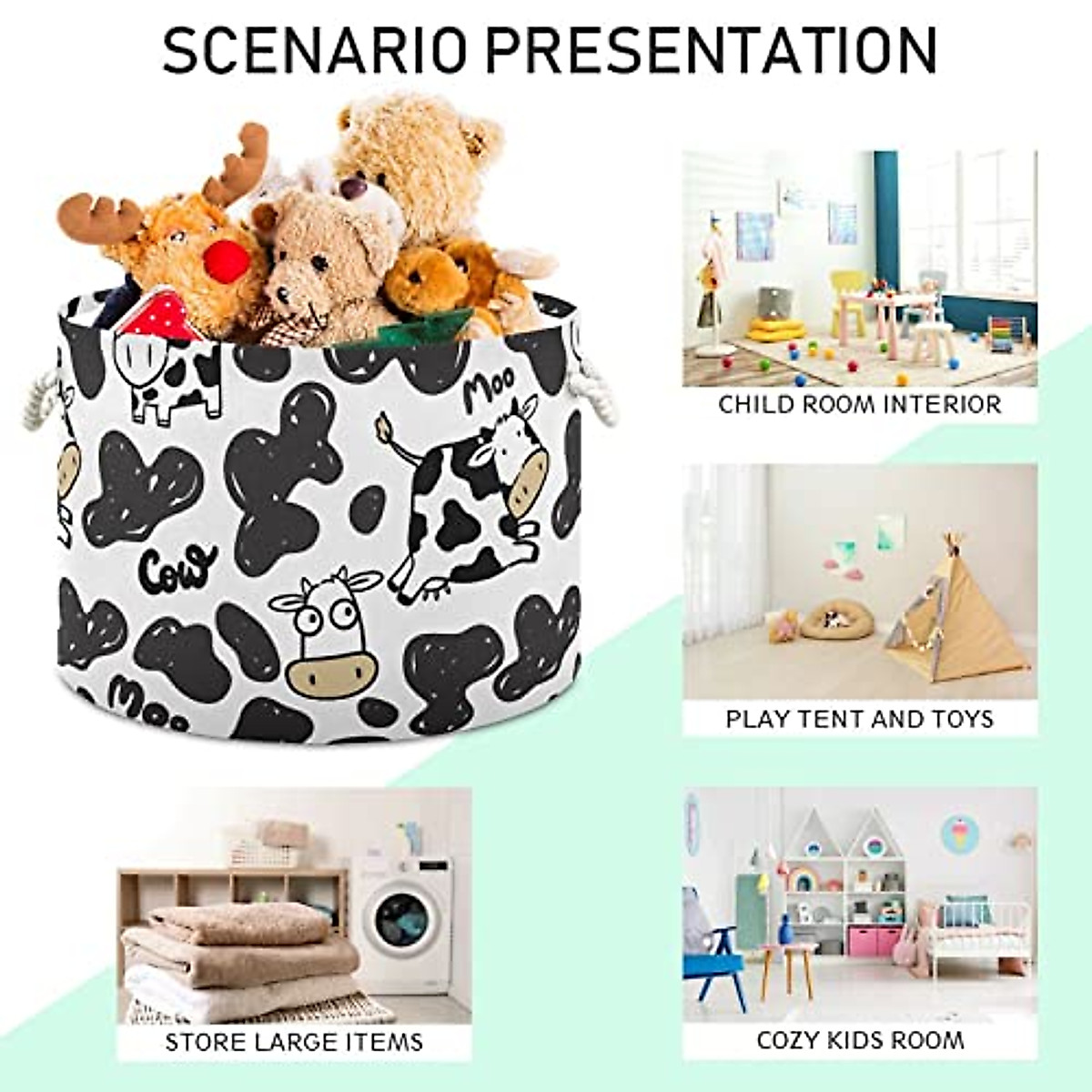 Round Storage Basket Bin Cute Doodle Cow Collapsible Waterproof Laundry Hamper Baby Nursery Basket Organizer with Handles for Bedroom Closet Toys Gifts