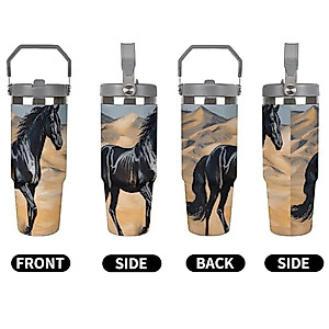 WITHSBKK 30oz Car Cup Black Arabian Horse Printed with Portable, Stainless Steel Travel Mug, Vacuum Insulated Tumbler And Straw, Leakproof for Car & Outdoor, UV Printed Design