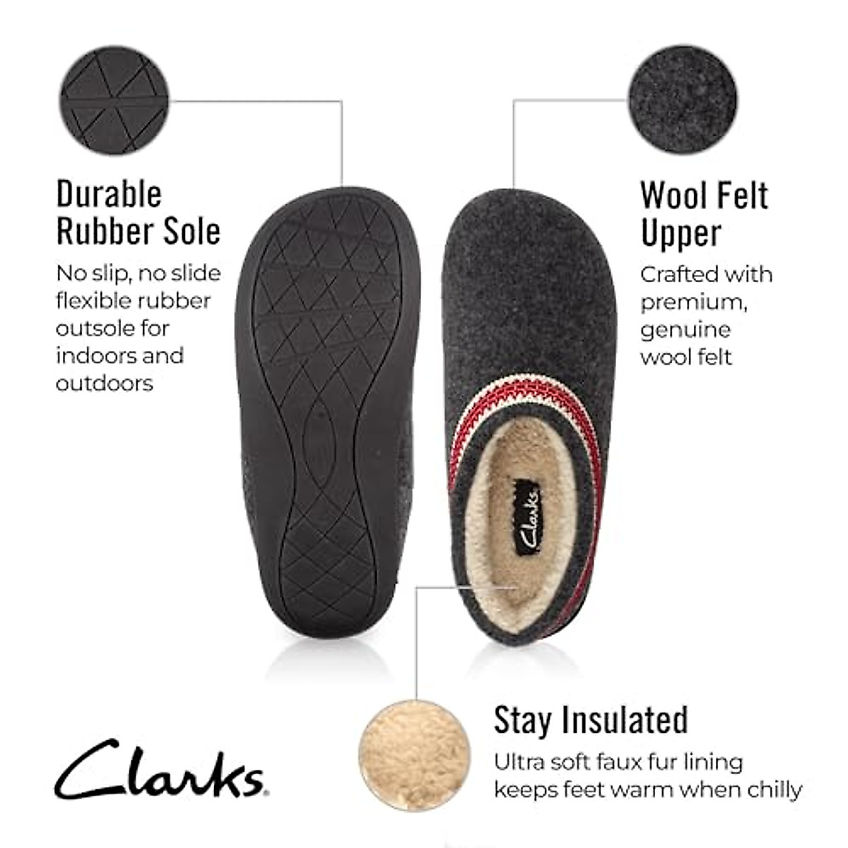 Clarks Womens Wool Felt Clog Slippers Warm Cozy Indoor Outdoor Faux Plush Soft Fur Lined Slipper for Women (Charcoal, 7 M US)