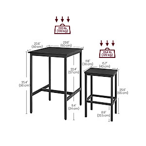 VASAGLE Bar Table and Chairs Set, Square Bar Table with 2 Bar Stools, Dining Pub Bar Table Set for 2, Space Saving for Kitchen Breakfast, Living Room, Party Room, Ebony Black and Ink Black