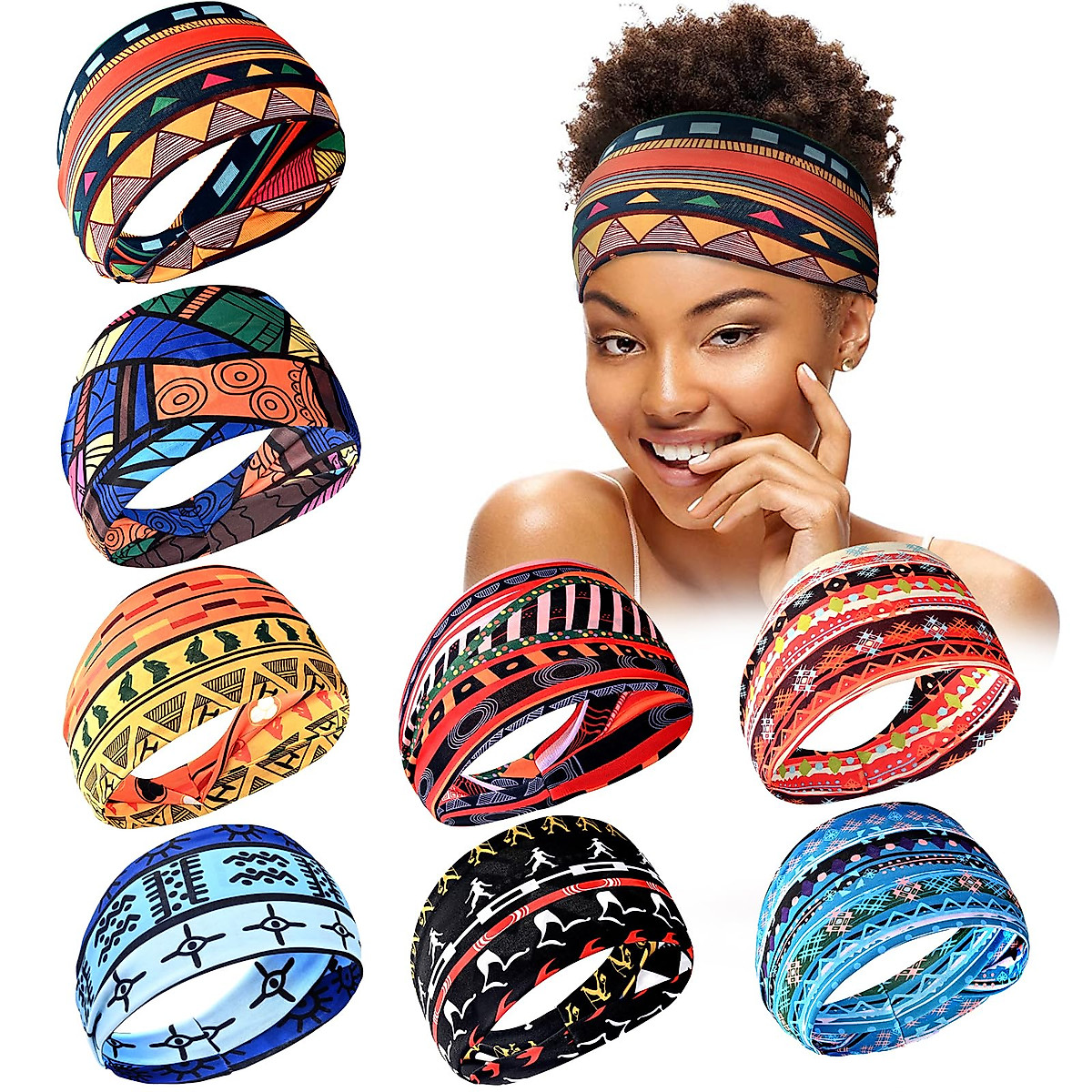 Carede African Headbands Wide Head Wraps for women Boho Turban Head Bands for Lady Large Sport Workout Stretchy Non-slip Hair Bands,Pack of 8