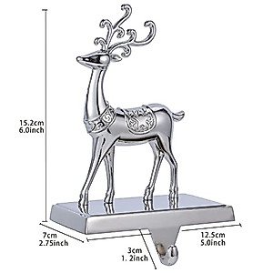 Desami Stocking Holder Set of 2 - Christmas Reindeer Stocking Hanger for Mantel - Silver Metal Deer Christmas Stocking Holder for Fireplace Mantle - Heavy Stocking Holder for Mantle with Hook
