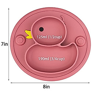 Baby Divided Plate Placemat Silicone- Portable Non Slip Child Feeding Suction Plate for Children Babies and Kids BPA Free Baby Dinner Plate Microwave Dishwasher Safe (Duck-Blush)