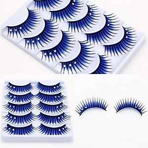 Okdeals 5 Pairs Glitter Lashes 3D Blue Cosplay Anime Eyelash with Rhinestones, 13mm Blue Dramatic Manga Lashes Halloween New Year Party Stage Makeup Eyelash, Black Stems