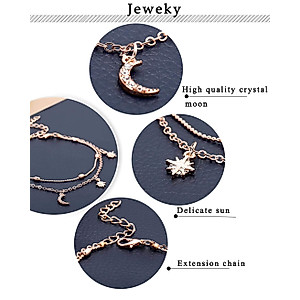 Jeweky Boho Three Layered Beaded Ankle Bracelets Gold Moon Summer Beach Anklet Chain for Women
