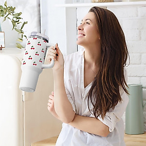 Burbuja Cherries 40oz Insulated Tumblers with Handle and Straw Lid, Double Wall Stainless Steel Travel Mug Leak-Proof, BPA Free, Gift for Mom Dad