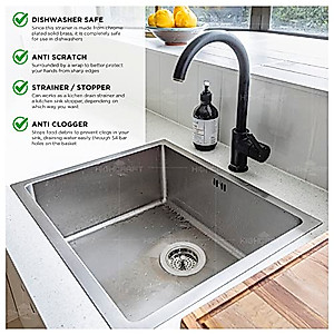 Highcraft 9734 Heavy Duty Kitchen Sink (3-1/2 Inch) Stainless Steel Drain Assembly with Strainer Basket Kohler Style Stopper, Stainless-Steel
