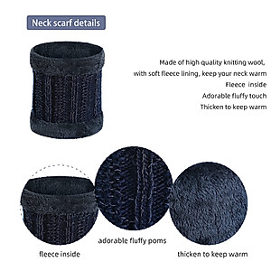 Pom Beanie Hat Scarf Gloves Set 3 in 1 Warm Thick Lining Slouchy Beanie Hats Scarf Touch Screen Gloves for Womens Girls (Navy)