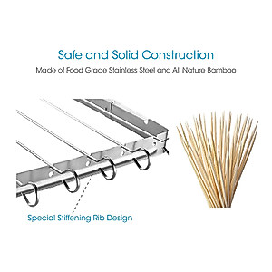 UNICOOK Heavy Duty Stainless Steel Barbecue Skewer Shish Kabob Set, 6pcs 13"L Skewer and Foldable Grill Rack Set, Durable and Reusable, Bonus of 50pcs 12.5"L Bamboo Skewers for Party and Cookout