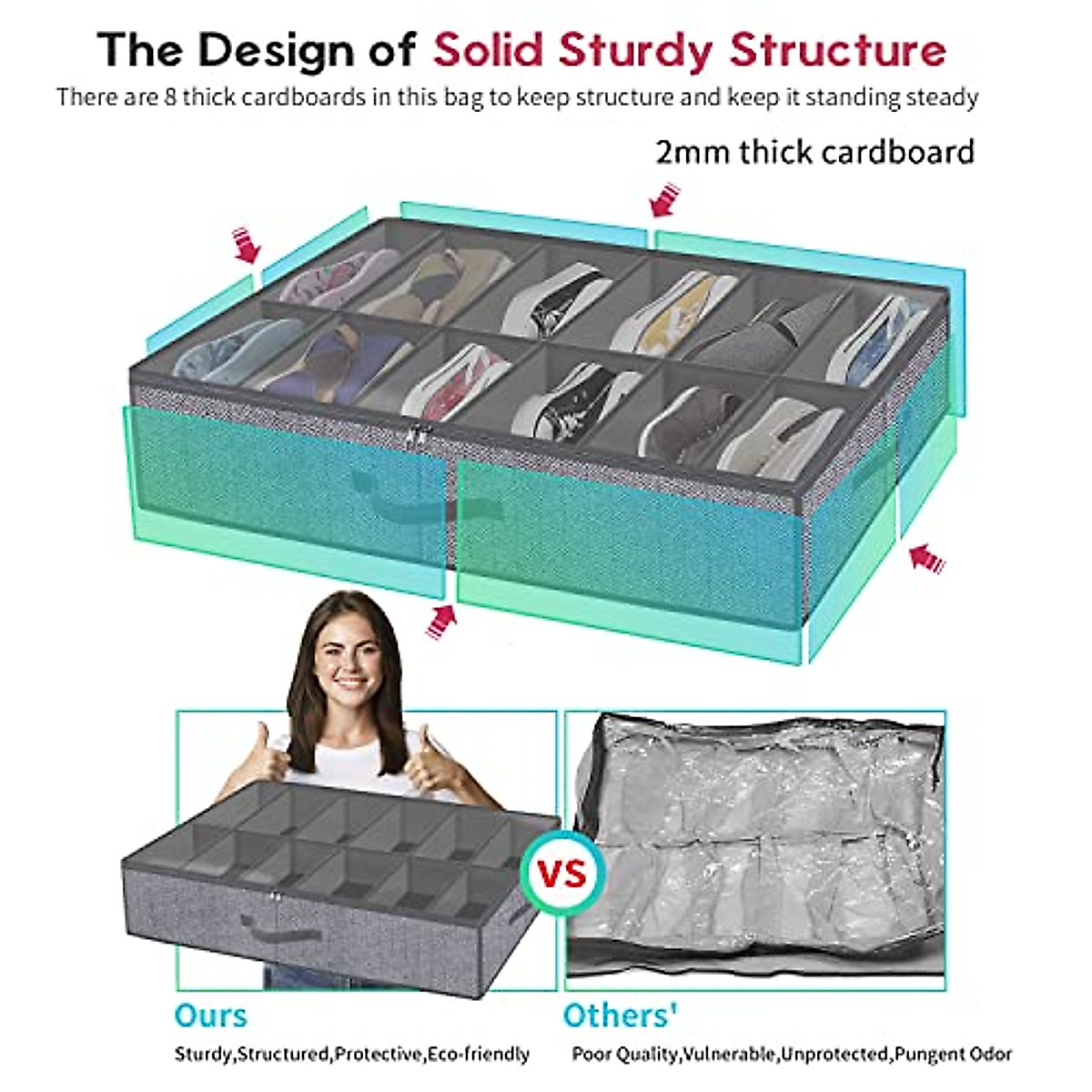 Onlyeasy Large Under Bed Shoe Storage Organizer with Strong Zippers & Handles Set of 2, Fit Total 24 Pairs, Underbed Organizers for Kids & Adults, 29.3"x23.6"x5.9", Herringbone Grey, 9MNRUBSB2P