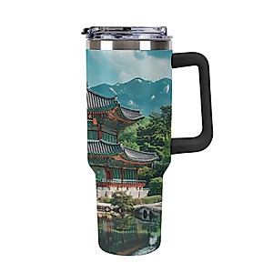 Korean Architecture Palace of Koreas Insulated Tumbler with Handle Stainless Steel Travel Coffee Mug with Lid And Straw 40oz