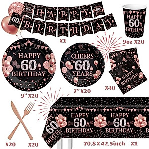 142Pcs Rose Gold 60th Birthday Decorations-Happy 60th Birthday Disposable Tableware for Women Rose Gold Birthday Plates and Napkins Set Serves 20 Guests