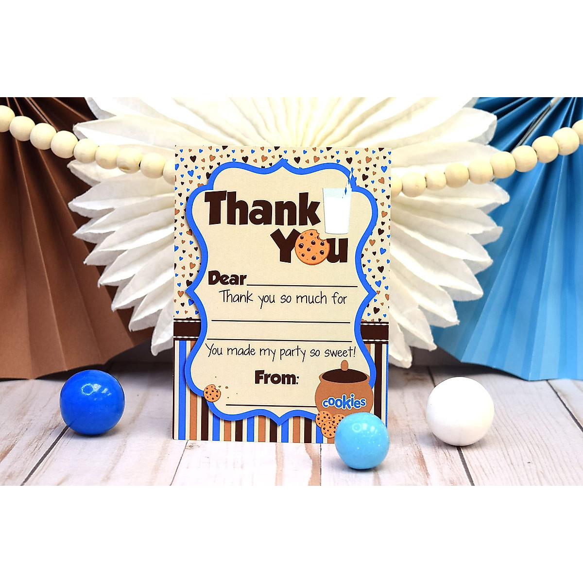 Milk & Cookies Blue & Brown Birthday Thank You Notes, Ten 4" x 5.5" Fill In The Blank Cards with 10 White Envelopes by AmandaCreation