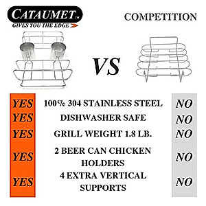 Cataumet BBQ Rib Rack and Beer Can Chicken Holder Smoking Rack Fits Big Egg Style Grills Ovens and Smokers Made with Genuine 304 Stainless Steel
