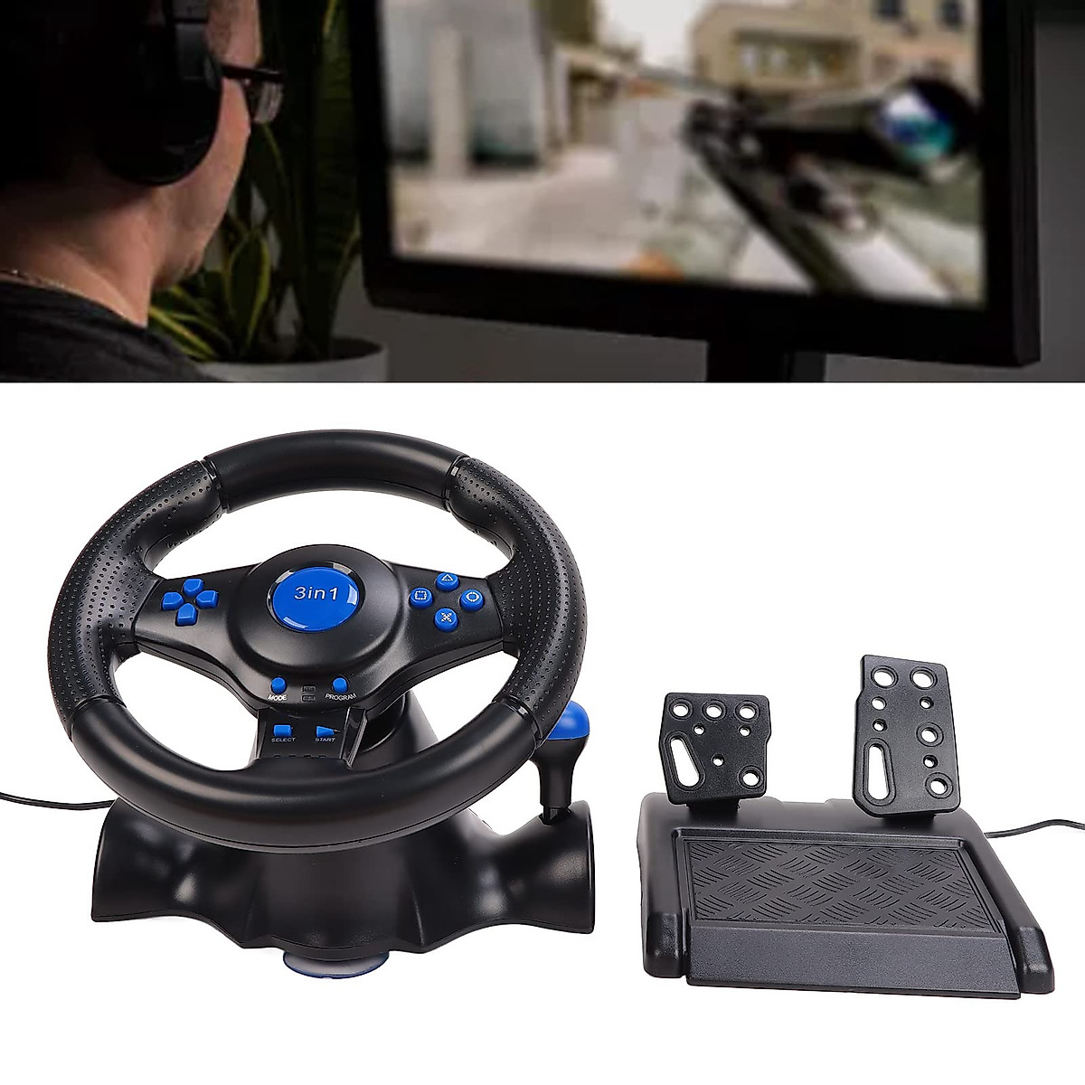 Racing Steering Wheel Driving Wheel, Gaming Steering Wheel 180 Degree Rotation with Floor Pedals for PC