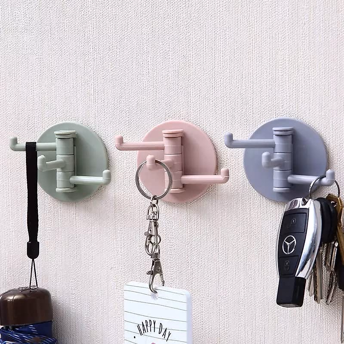 Rotatable Adhesive Three Prong Wall Hooks Everyday Essentials (4pcs), Blue,Grey,Green,Pink