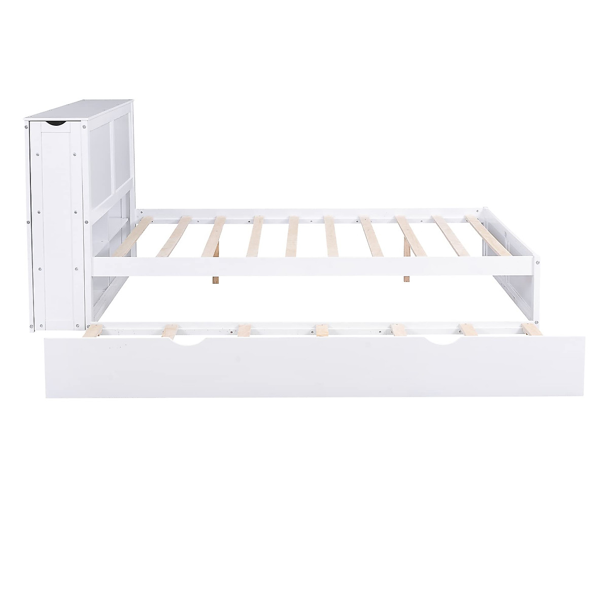 DRELOFT Storage Platform Bed Frame Queen with Pull Out Shelves and Twin XL Size Trundle, Wooden Platform Bed with Storage Headboard for Bedroom, No Box Spring Needed, Easy Assembly, White