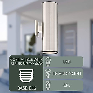 Kira Home Enzo 15" 2-Light Modern Industrial Outdoor Porch Light, Waterproof Metal Cylinder Wall Sconce, for Courtyard, Entryway, Garage, Indoor/Outdoor Use, Brushed Nickel Finish