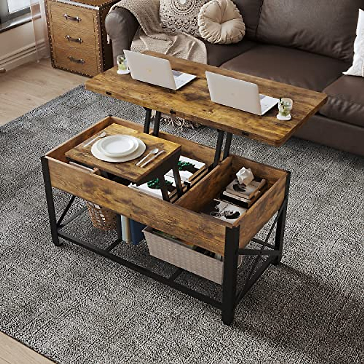 Lwdhw Olin 40" Lift Top Coffee Table, 3 in 1 Multi-Function Coffee Table with Hidden Compartment and Storage,Coffee Table for Dining Reception Room, Rustic Brown