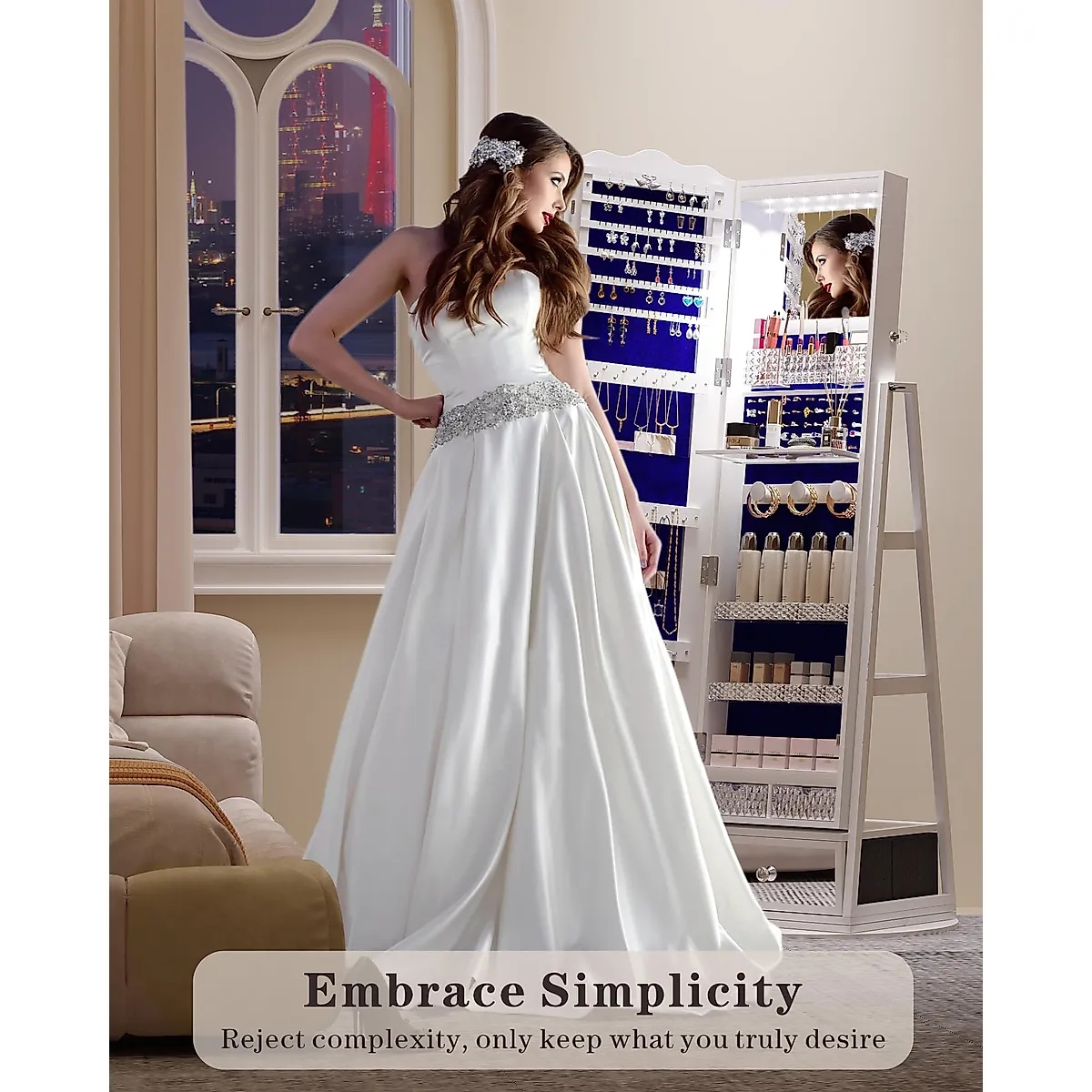 Full-Length Standing Mirror Jewelry Cabinet with Lights, Storage, and Rotating Shelf - White