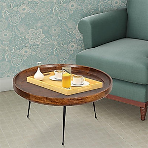 The Urban Port Round Mango Wood Coffee Table with Splayed Metal Legs, Brown and Black